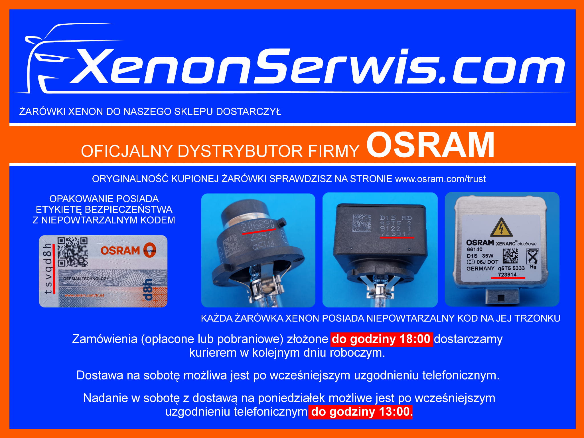 2x Żarówka Żarnik Bi-Xenon Ksenon D1S 66140CBI Osram Xenarc Cool Blue ...